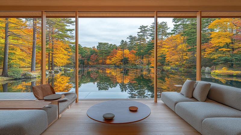 Modern Minimalist Living Room with Autumn View Stock Illustration ...