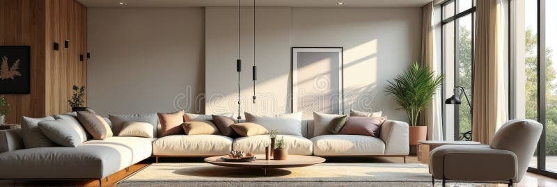 Modern Minimalist Living Room with Cozy Beige Sofa and Sunlight through ...