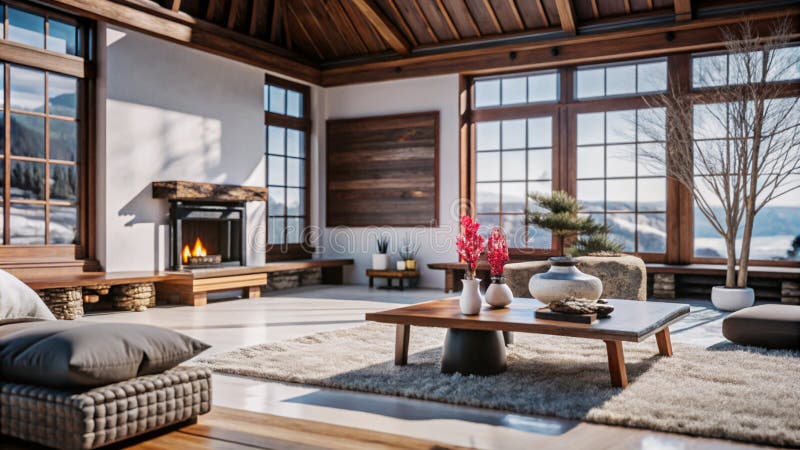 A Modern, Minimalist Living Room with a Fireplace, Large Windows, and a ...