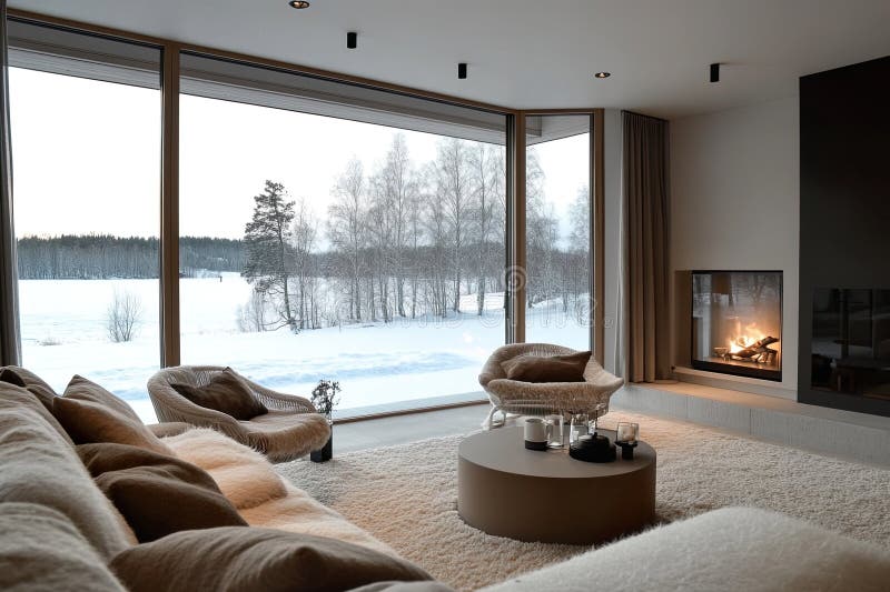 Modern, Minimalist Living Room with Fireplace and Large Windows, Winter ...