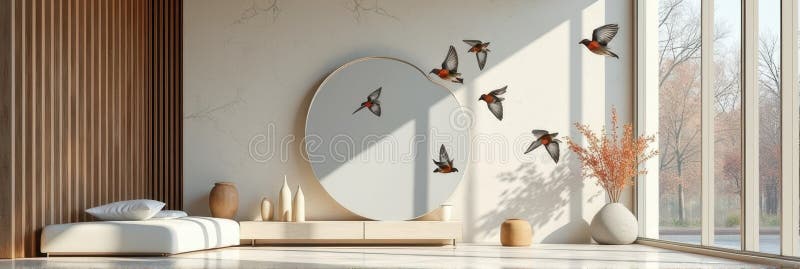Modern Minimalist Living Room with Large Mirror and Flying Birds Decor ...