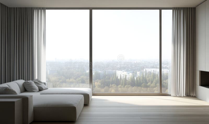 Modern Minimalist Living Room, Large Open Window Stock Illustration ...