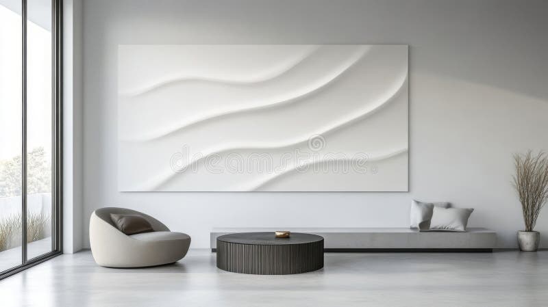 Modern Minimalist Living Room with Large White Wave Wall Art Stock ...