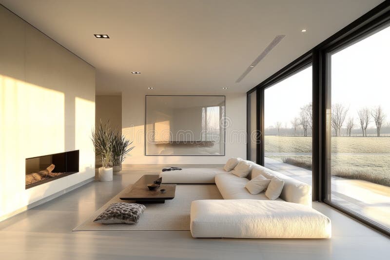 Modern Minimalist Living Room with Large Windows Allowing Sunlight ...