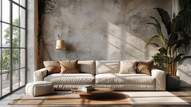 Modern Minimalist Living Room with Large Windows - Generative Ai Stock ...