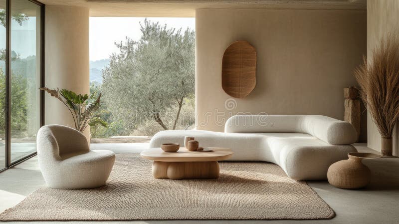 Modern, Minimalist Living Room with Natural Elements Stock Illustration ...