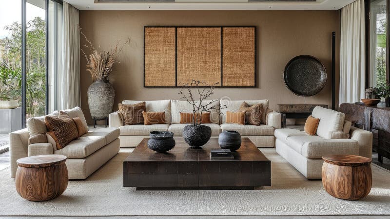 Modern Minimalist Living Room with Neutral Tones and Natural Decor Elements Stock Illustration ...