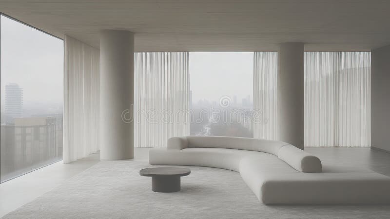 Modern, Minimalist Living Room with Panoramic City Views Stock ...