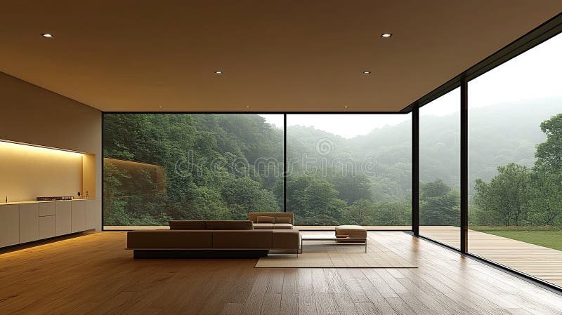 Modern Minimalist Living Room with Panoramic Forest Views Stock ...