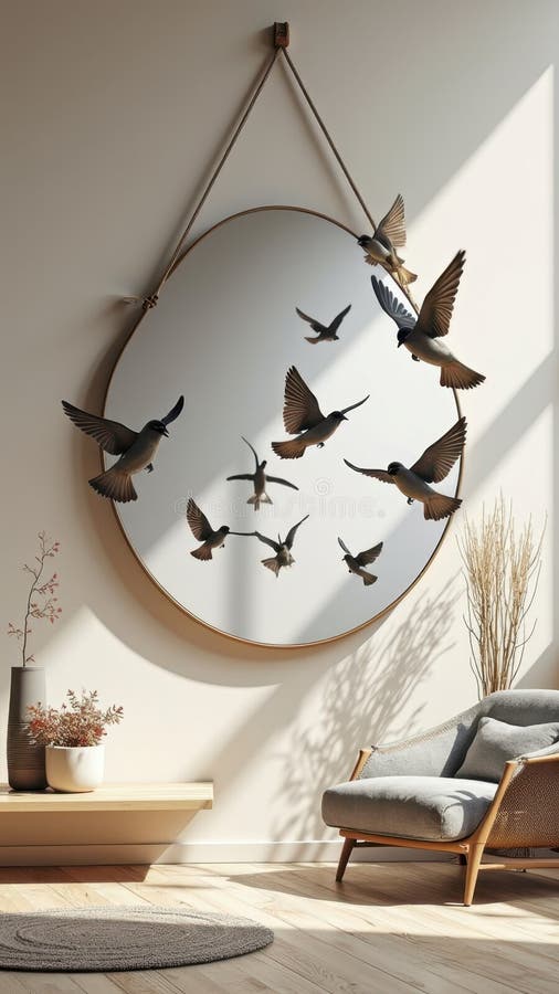 Modern Minimalist Living Room with Round Mirror and Birds in Flight ...