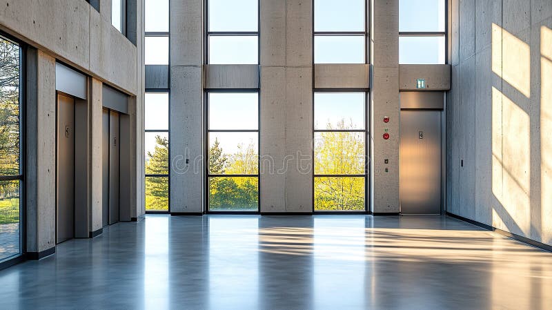 Modern, Minimalist Lobby with Large Windows Showcasing a Park View ...