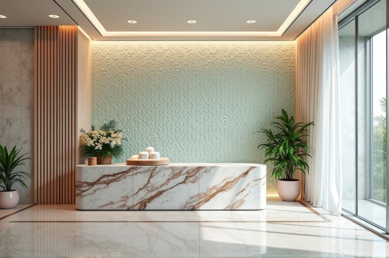 Modern Minimalist Lobby with Marble Reception Desk and Indoor Plants ...
