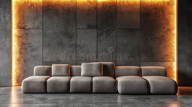 Modern Minimalist Lounge Area with Concrete Walls and Warm Lighting ...