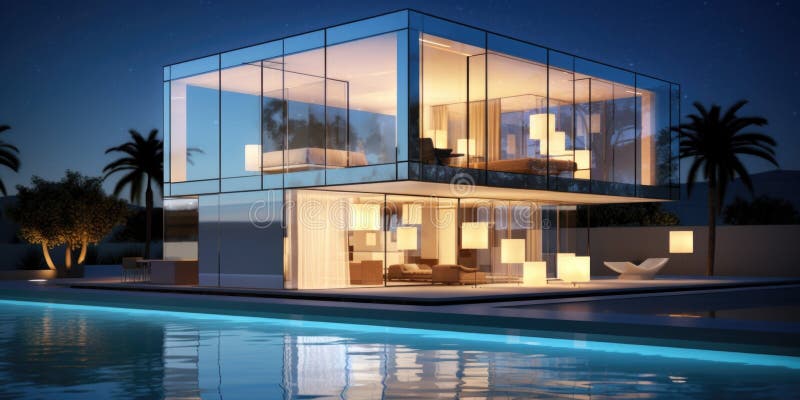 Modern Minimalist Metal and Glass Stack-cube House. Illuminated Villa ...