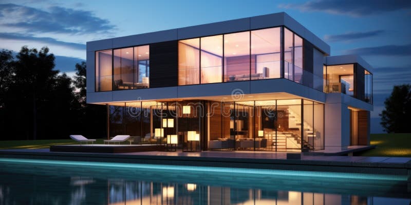 Modern Minimalist Metal and Glass Stack-cube House. Illuminated Villa ...
