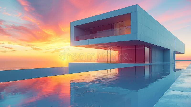 Modern Minimalist Oceanfront House at Sunset - Generative Ai Stock ...