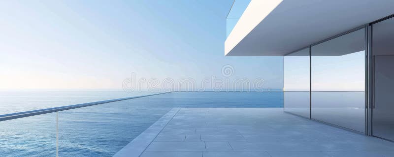 Modern Minimalist Oceanfront Terrace with Glass Railing and Sea View ...
