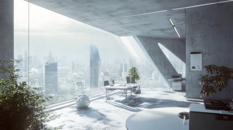 Modern Minimalist Office with City Snow View Stock Illustration ...