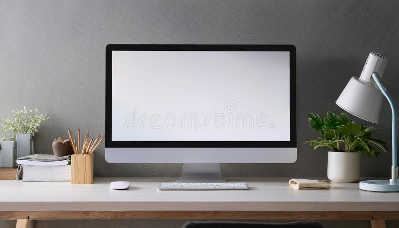 Modern Minimalist Office Desk Setup with Computer, Lamp, and Plant. 3D ...