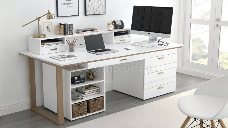 Modern Minimalist Office Desk Setup with Sleek White Space, Featuring ...
