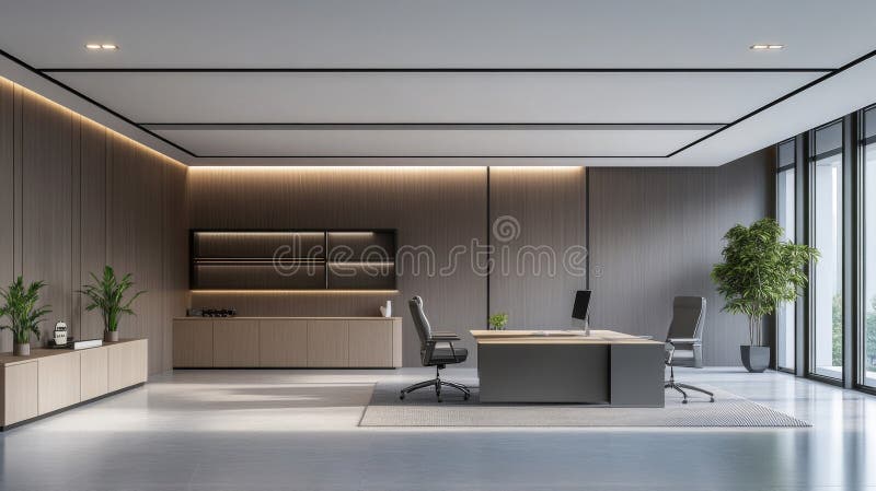 Modern Minimalist Office Interior Design with Wood Paneling Stock ...