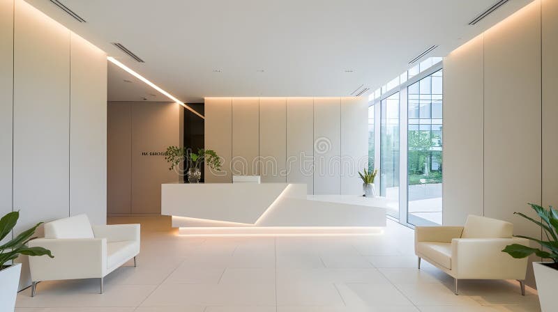 Modern Minimalist Office Lobby Interior Design with White Reception ...