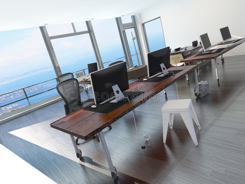 Modern Minimalist Office Overlooking the Sea Stock Illustration ...