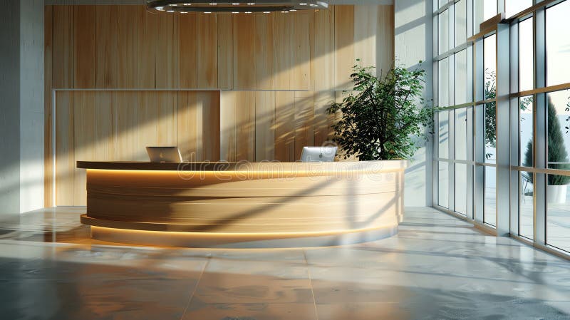 Modern and Minimalist Office Reception Area with Curved Desk and Large ...
