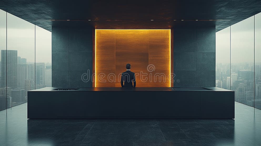 Modern, Minimalist Office Reception Area with a Single Figure and ...