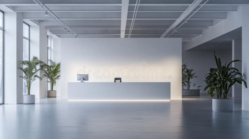Modern Minimalist Office Reception Area with White Walls and Potted ...