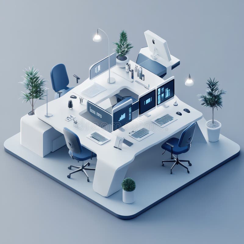 A Modern, Minimalist Office Setup Featuring Multiple Monitors and ...