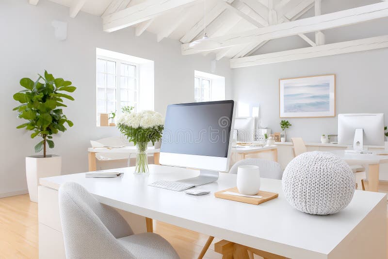 Modern Minimalist Office Space with Natural Light and Greenery Stock ...