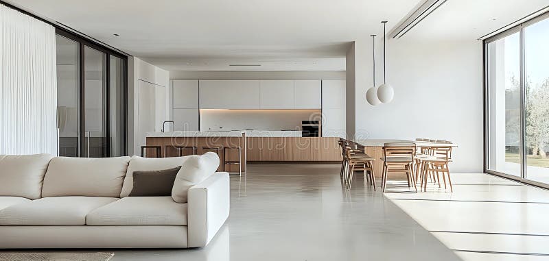 Modern Minimalist Open Kitchen with Living Room Integration. Low View ...