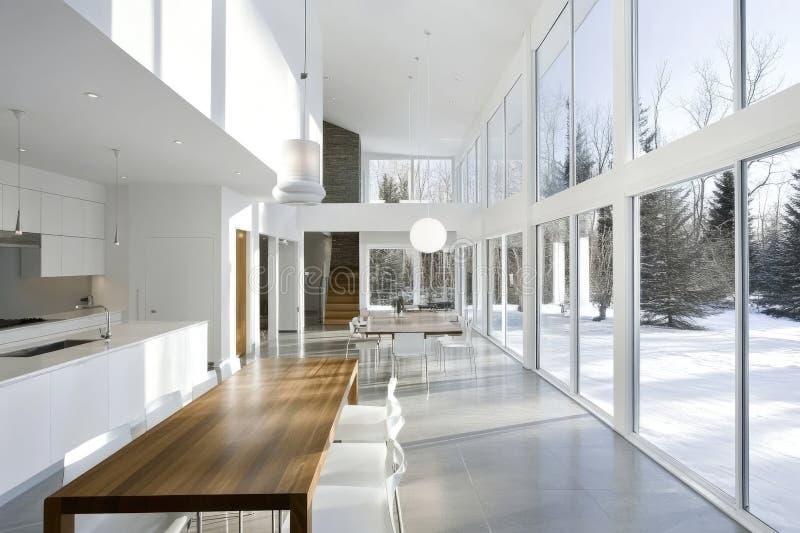 Modern Minimalist Open Plan Home Interior with White Walls and Large ...