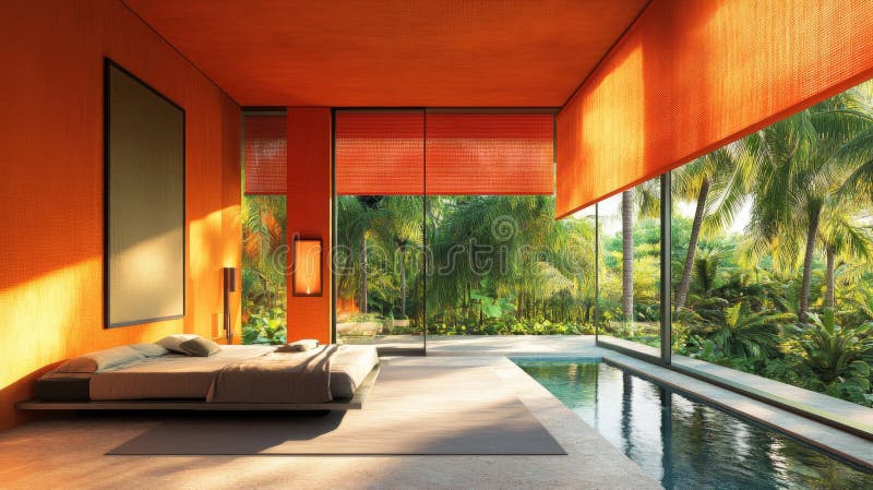 Modern Minimalist Orange Bedroom with Tropical View and Pool Stock ...