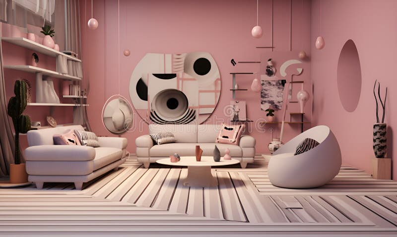 Modern Minimalist Pink House Interior, Ai Generative Stock Illustration ...