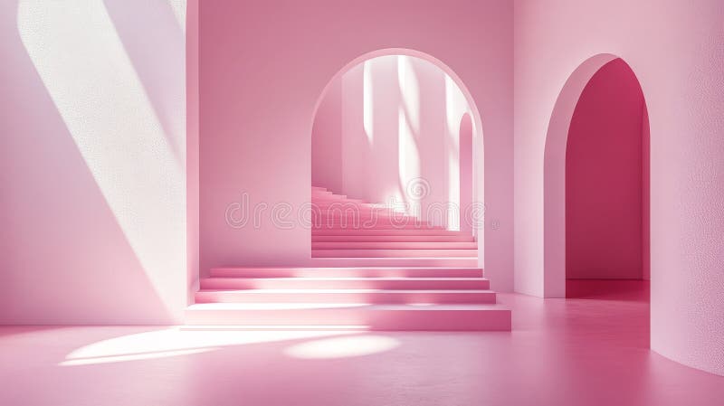 Modern Minimalist Pink Interior with Staircase and Arches, Empty ...