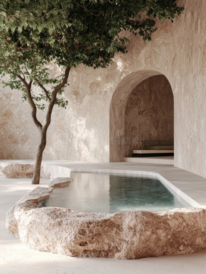 Modern Minimalist Pool Design in a Tranquil Stone Courtyard Stock ...
