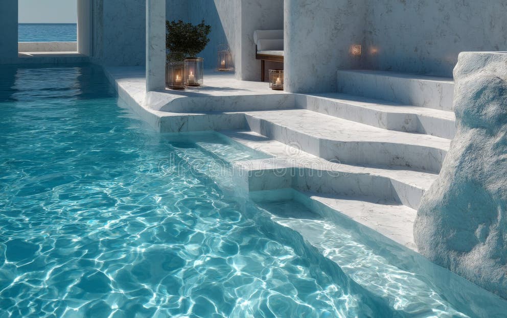 Modern Minimalist Pool Design with White Stone Steps Stock Illustration ...