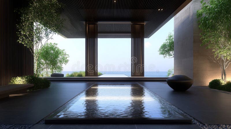 Modern Minimalist Resort Entrance with Ocean View Stock Illustration ...