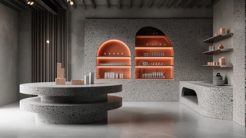 Modern Minimalist Retail Store Interior with Gray Stone and Orange ...