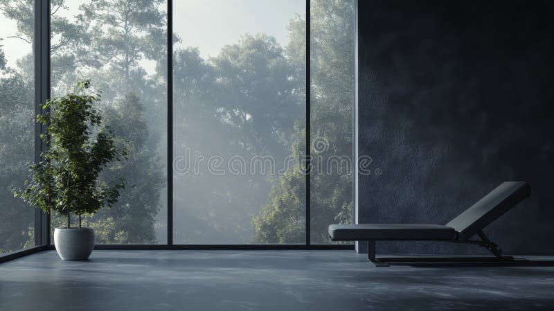 Modern Minimalist Room with Forest View and Chaise Lounge Stock ...