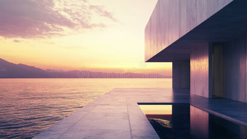 Modern Minimalist Seaside Villa with Infinity Pool at Sunset, Featuring ...