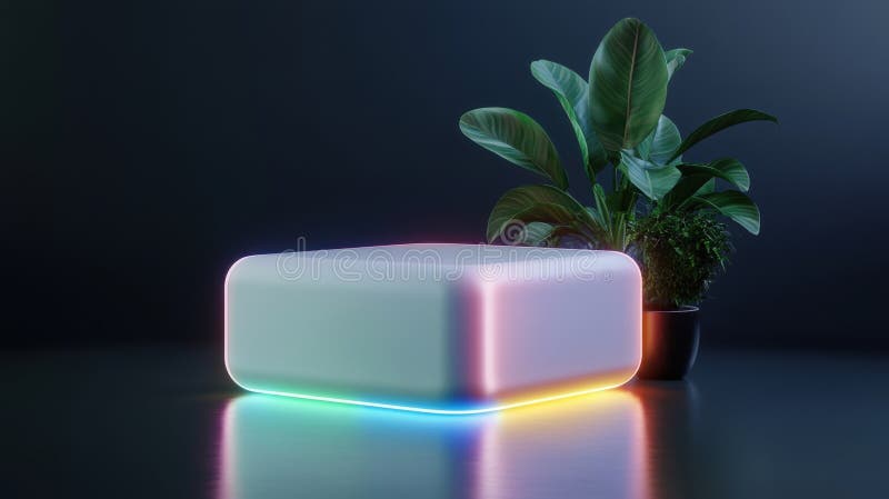 A Modern Minimalist Setup Featuring a Glowing LED-lit Cube and Green ...