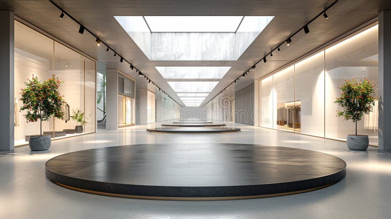 Modern Minimalist Showroom Featuring Large Circular Display Platforms ...