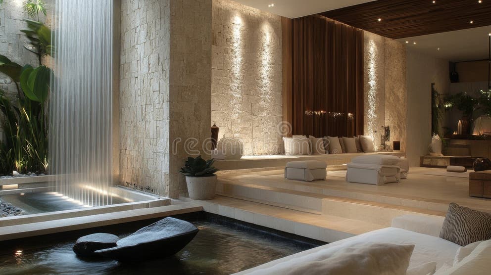 Modern Minimalist Spa Interior Design with Waterfall Feature Stock ...