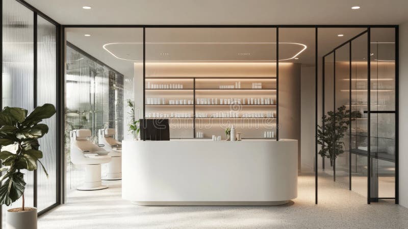 Modern Minimalist Spa Reception Area with White Reception Desk and ...