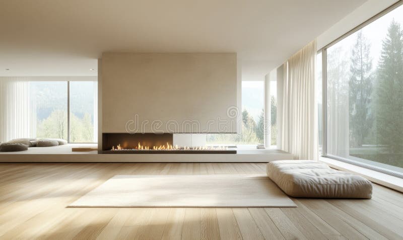 Modern Minimalist Space, Linear Gas Fireplace, Large Windows, Neutral ...