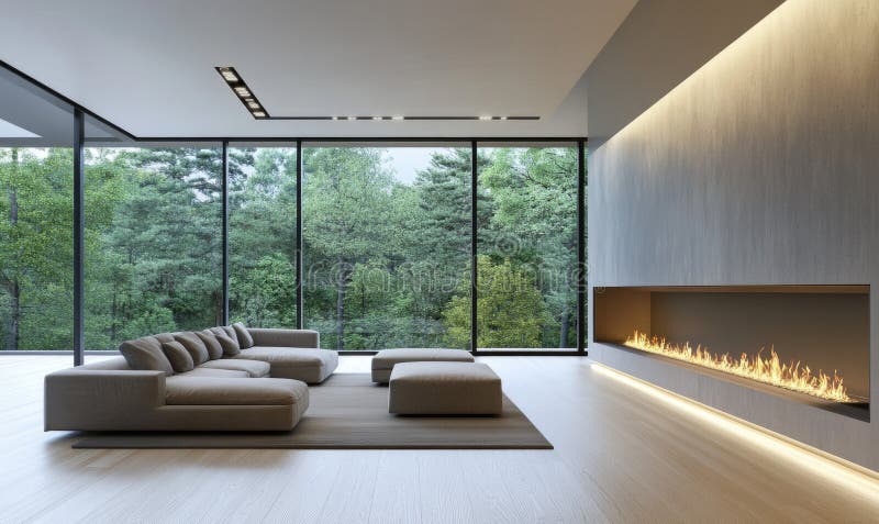 Modern Minimalist Space, Linear Gas Fireplace, Large Windows, Neutral ...