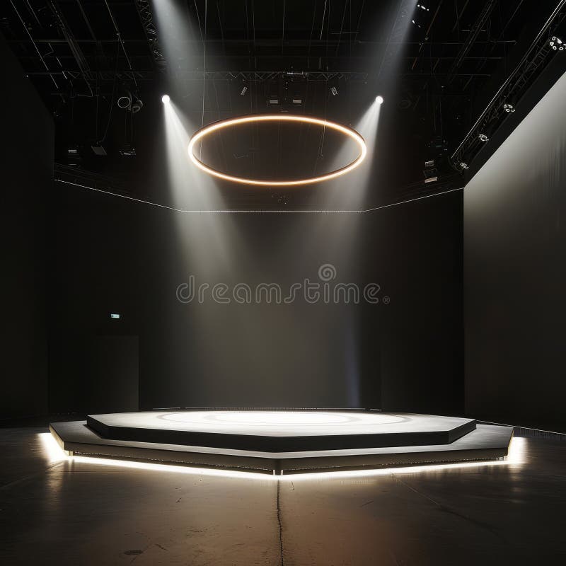 Modern Minimalist Stage with Circular Lighting in Dark Studio Setting ...